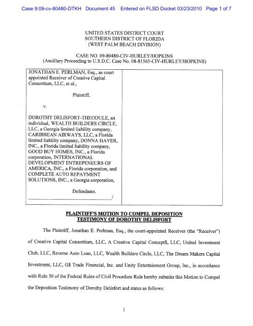 Motion to Compel Deposition Testimony of Dorothy Delisfort Theodule