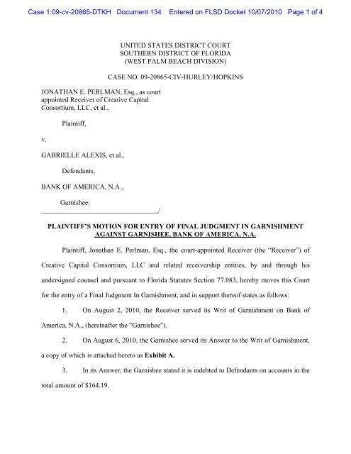 Plaintiff's Motion for Entry of Final Judgment in Garnishment against ...