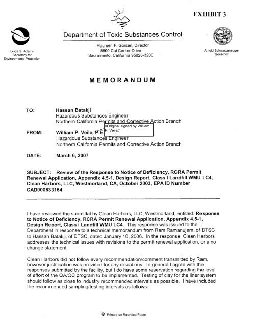 EXHIBIT 3 Department of Toxic Substances Control MEMORANDUM