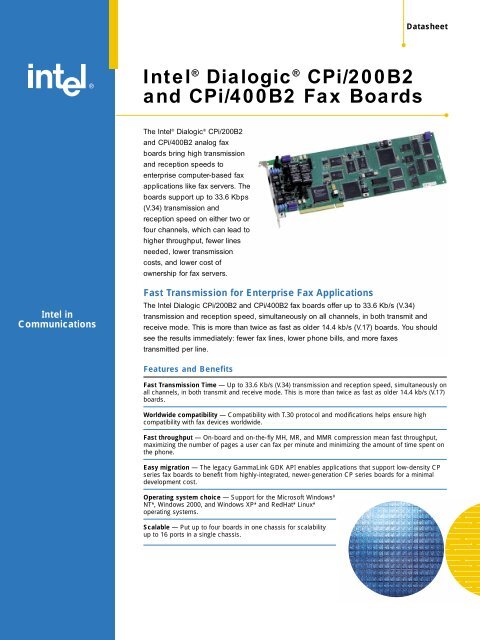 Intel Dialogic CPi/200B2 and CPi/400B2 Fax Boards