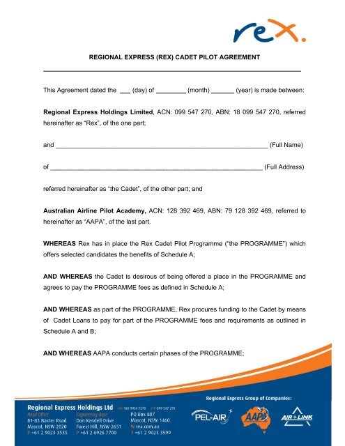 Rex Cadet Pilot Agreement - Australian Airline Pilot Academy