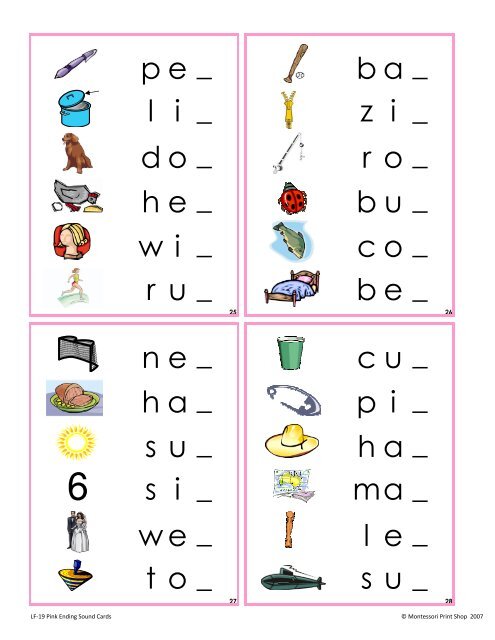 LF-19 Pink Ending Sound Cards - Montessori Print Shop