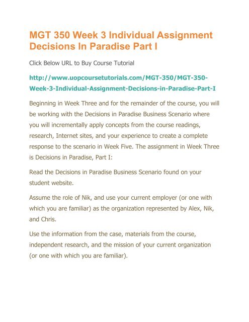 MGT 350 Week 3 Individual Assignment Decisions In Paradise Part I.pdf