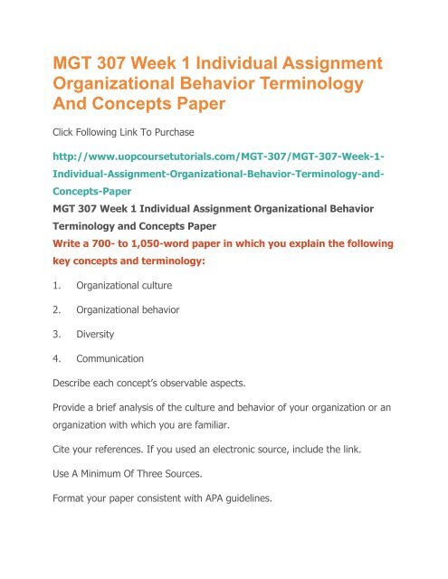 MGT 307 Week 1 Individual Assignment Organizational Behavior Terminology And Concepts Paper.pdf