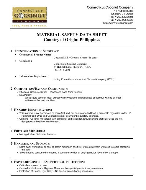 MATERIAL SAFETY DATA SHEET Country of Origin Philippines