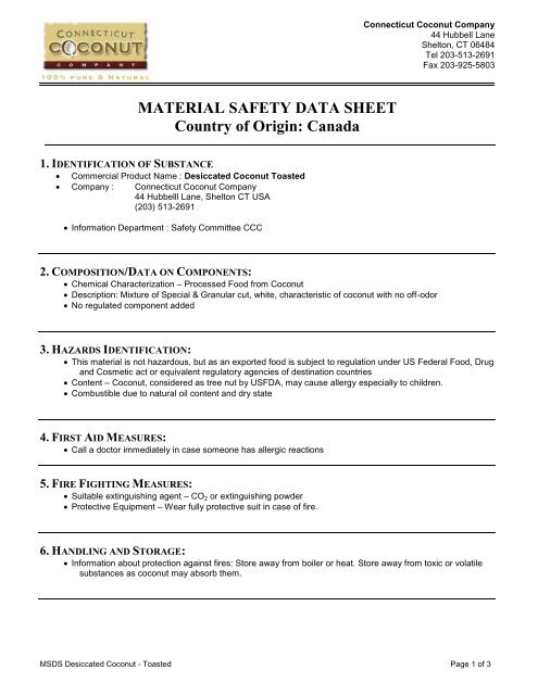 MATERIAL SAFETY DATA SHEET Country of Origin Canada