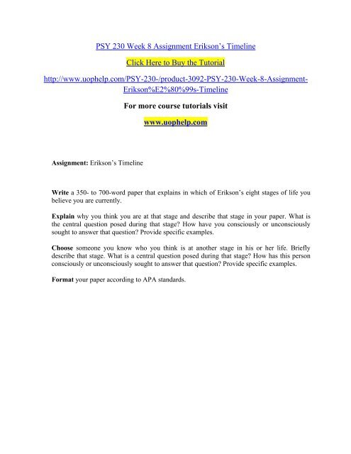 PSY 230 Week 8 Assignment Erikson’s Timeline.