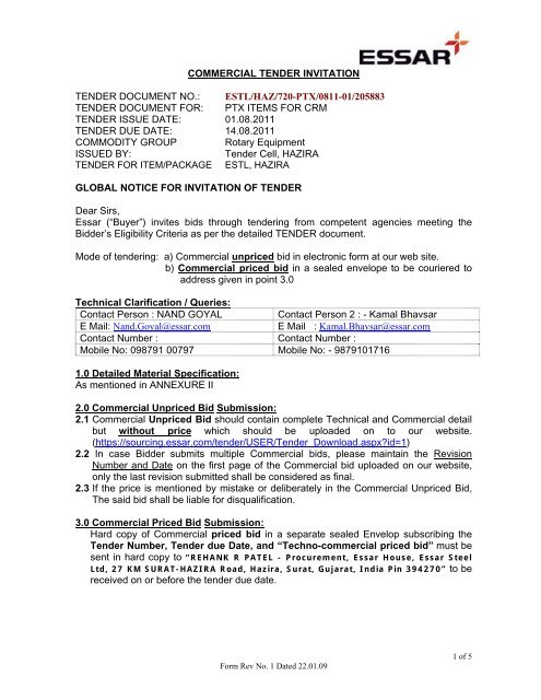 commercial tender invitation tender document no. - Essar
