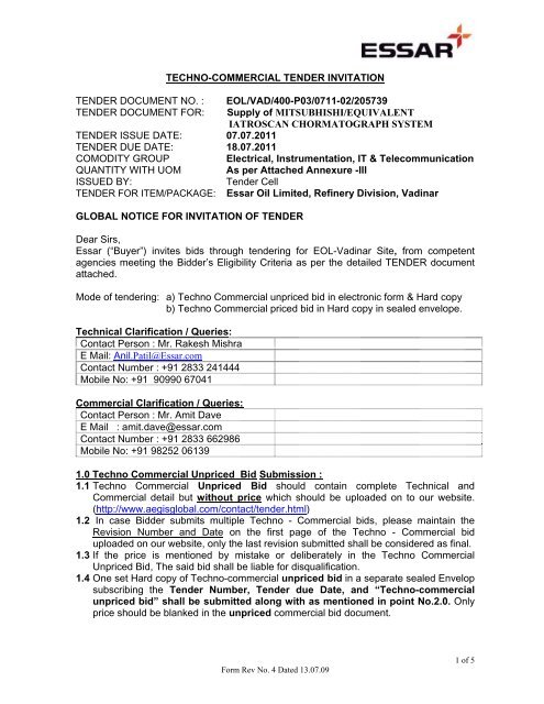 TECHNO-COMMERCIAL TENDER INVITATION TENDER ... - Essar