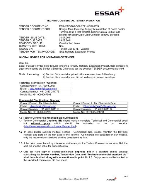 TECHNO-COMMERCIAL TENDER INVITATION TENDER ... - Essar