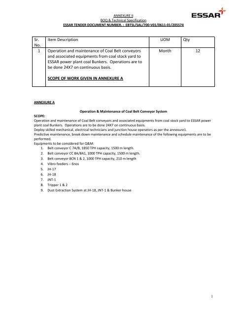Sr. No. Item Description UOM Qty 1 Operation and ... - Essar
