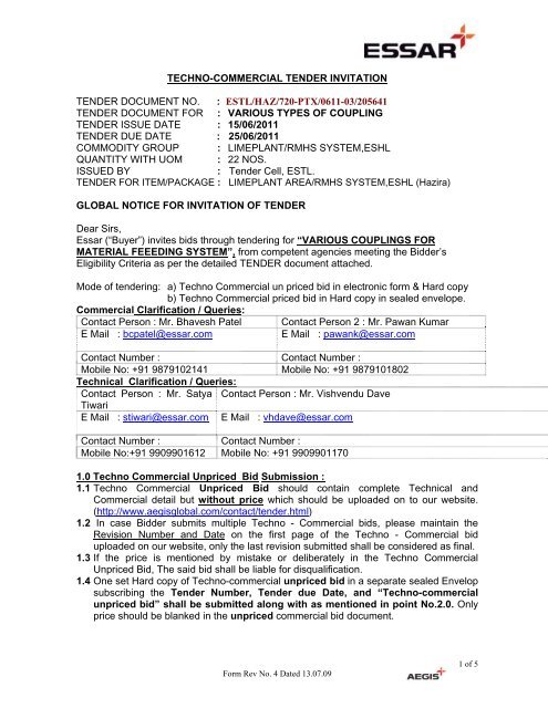 techno-commercial tender invitation tender document no. - Essar