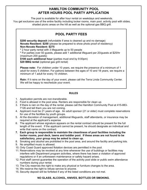 HAMILTON COMMUNITY POOL AFTER HOURS POOL PARTY APPLICATION POOL PARTY FEES