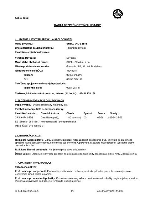 OIL S 5585 KARTA BEZPEÄ NOSTNÃ CH Ã DAJOV - Shell