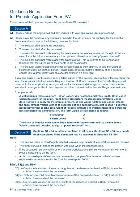 Guidance Notes for Probate Application Form PA1 Guidance Notes for Probate Application Form PA1