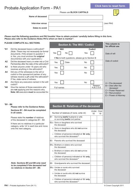 Probate Application Form - PA1 Probate Application Form - PA1