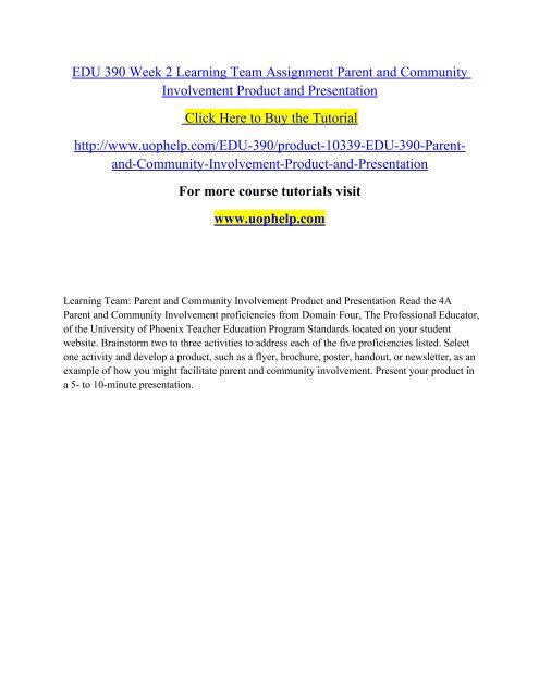 EDU 390 Week 2 Learning Team Assignment Parent and Community Involvement Product and ...