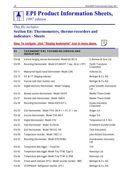 EPI Product Information Sheets,