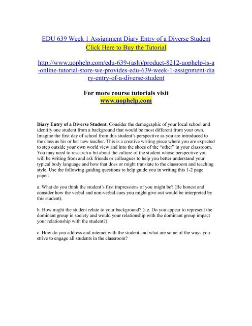 EDU 639 Week 1 Assignment Diary Entry of a Diverse Student.pdf