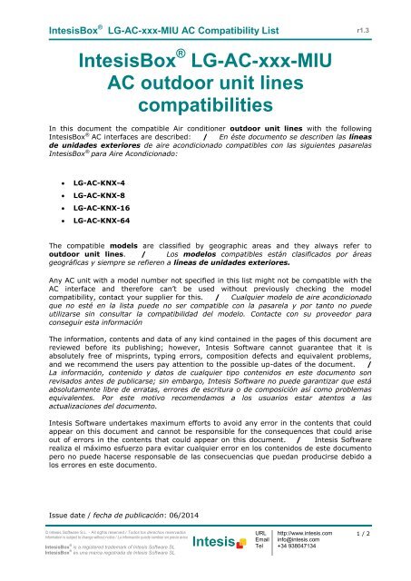 IntesisBox LG-AC-xxx-1 AC indoor unit Compatibility List
