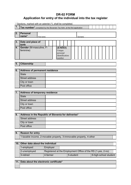 Application for entry of the individual into the tax register