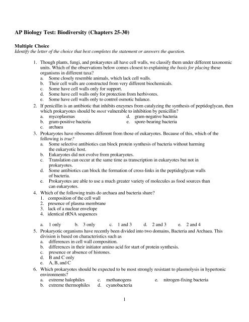 AP Biology Test Biodiversity (Chapters 25-30)