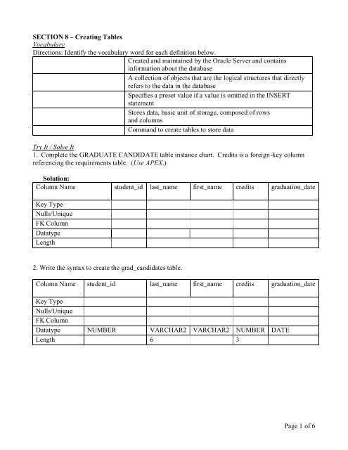 SECTION 8 – Creating Tables