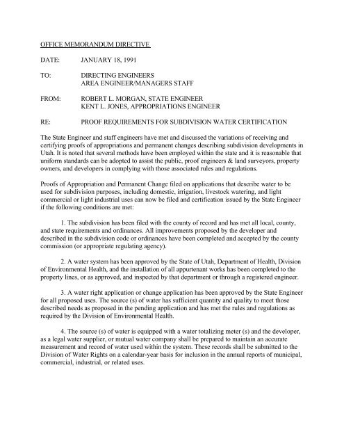 Subdivision Proof Requirements - Utah Division of Water Rights