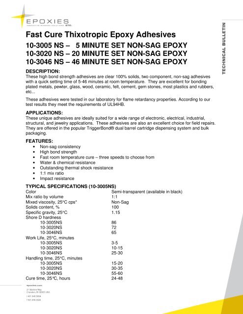 Fast Cure Thixotropic Epoxy Adhesives 10-3005 NS - Epoxies, Etc.