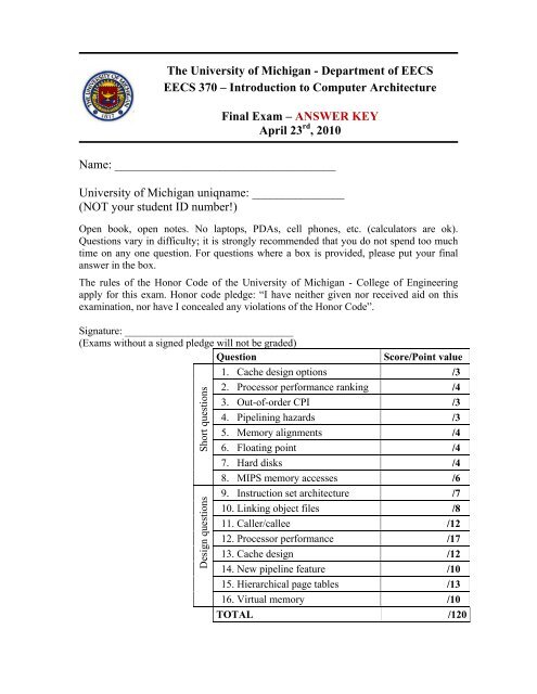 EECS 370 – Introduction to Computer Organization – Final w