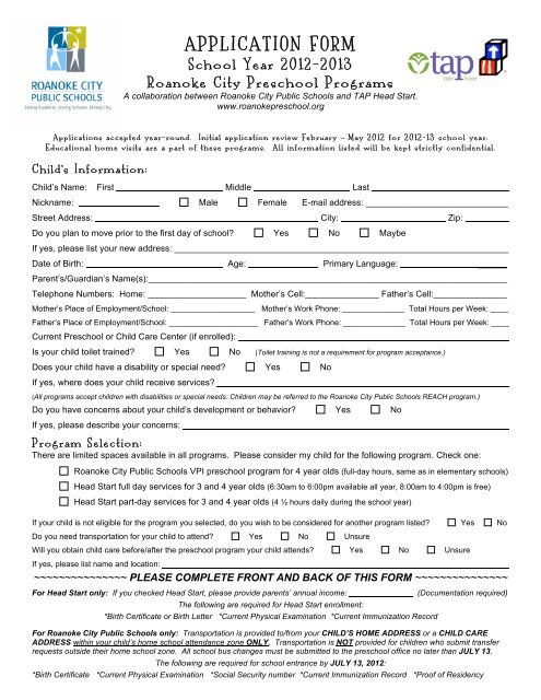 APPLICATION FORM - Roanoke City Preschool Programs