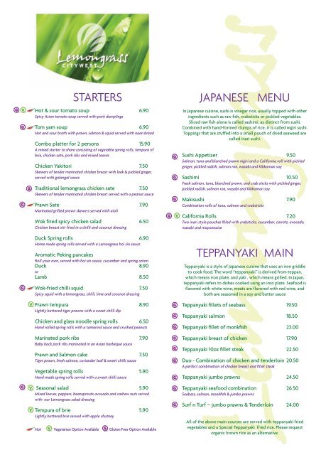 JAPANESE MENU TEPPANYAKI MAIN STARTERS - Citywest Hotel