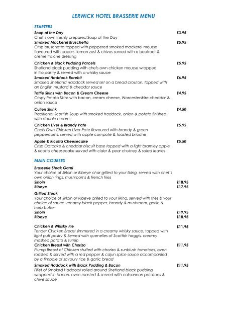 LERWICK HOTEL BRASSERIE MENU - Shetland Hotels