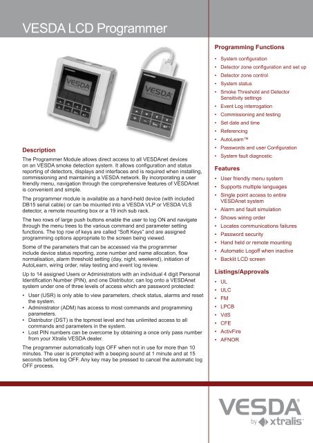 Xtralis VESDA LCD Programmer Data Sheet