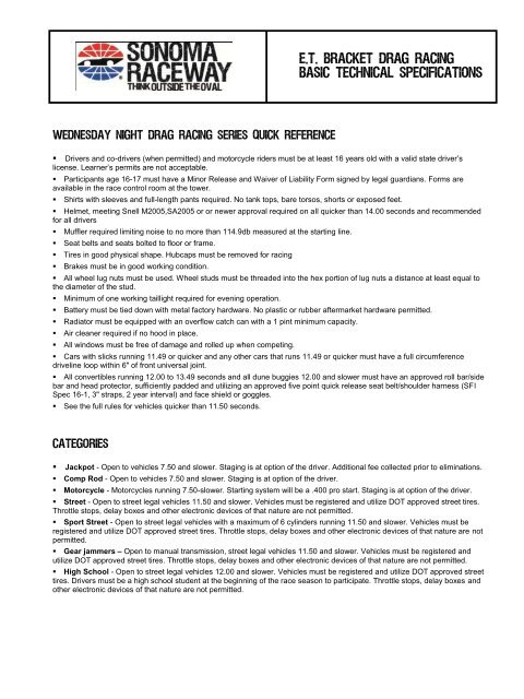 E.T Bracket Drag Racing Basic Technical Specifications