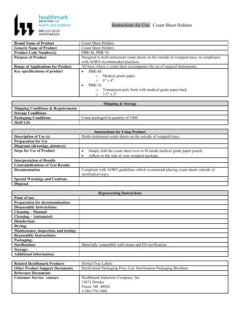 Instructions for Use Count Sheet Holders
