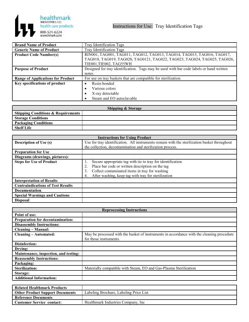 Instructions for Use Tray Identification Tags