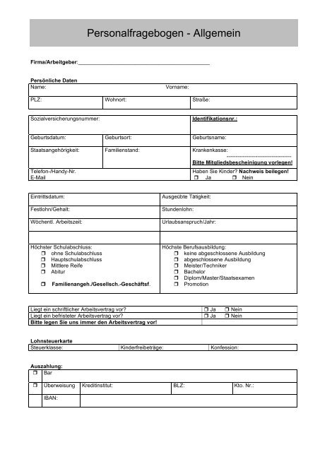 Personalfragebogen - Allgemein