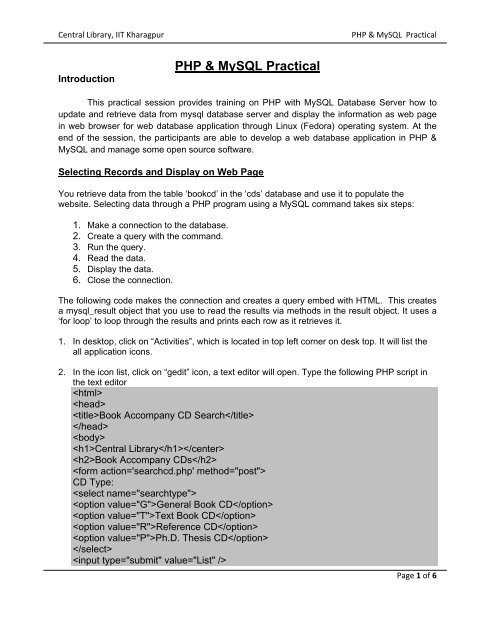 PHP Practical Manual - Central Library, IIT Kharagpur