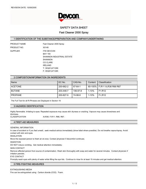 SAFETY DATA SHEET Fast Cleaner 2000 Spray