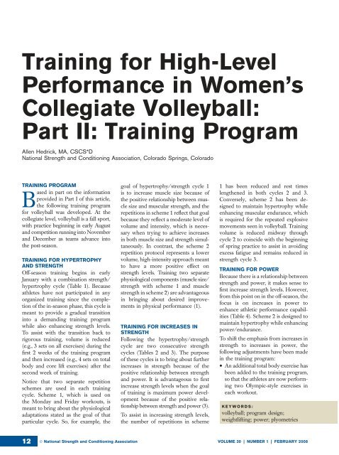 Training for High-Level Performance in Women's Collegiate Volleyball