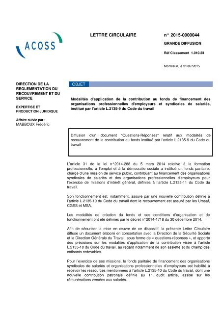 LETTRE CIRCULAIRE n° 20150000044 LETTRE CIRCULAIRE n° 20150000044