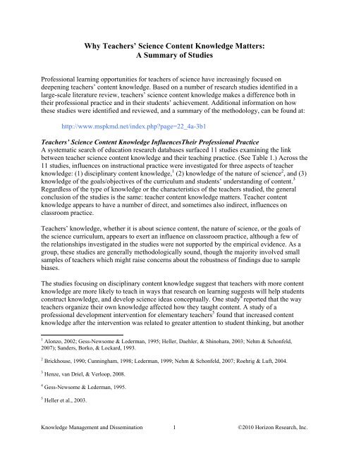 Why Teachers’ Science Content Knowledge Matters A Summary of Studies