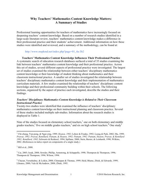 Why Teachers’ Mathematics Content Knowledge Matters A Summary of Studies