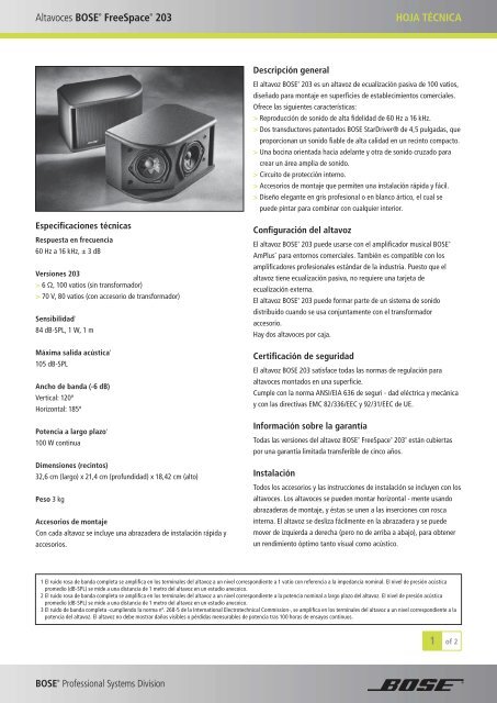 Altavoces BOSE FreeSpace 203 HOJA TÉCNICA 1