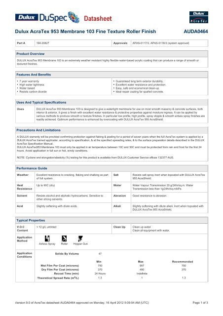 Dulux AcraTex 953 Membrane 103 Fine Texture Roller Finish AUDA0464