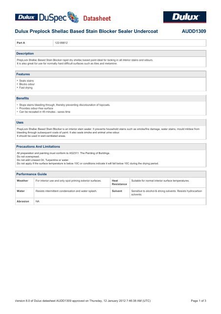 Dulux Preplock Shellac Based Stain Blocker Sealer Undercoat AUDD1309