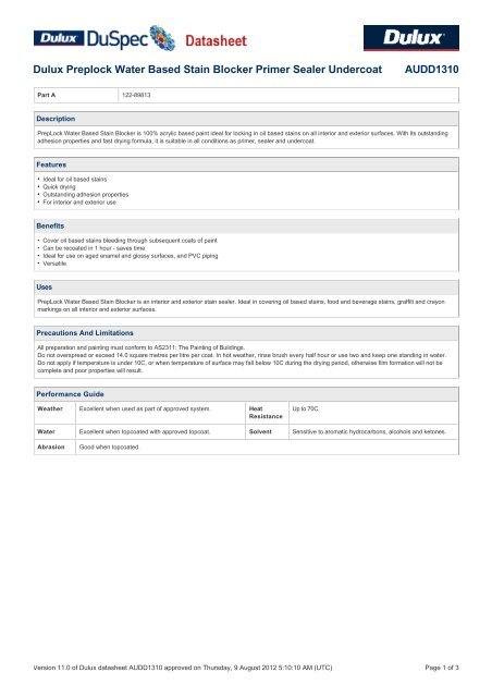 Dulux Preplock Water Based Stain Blocker Primer Sealer Undercoat AUDD1310