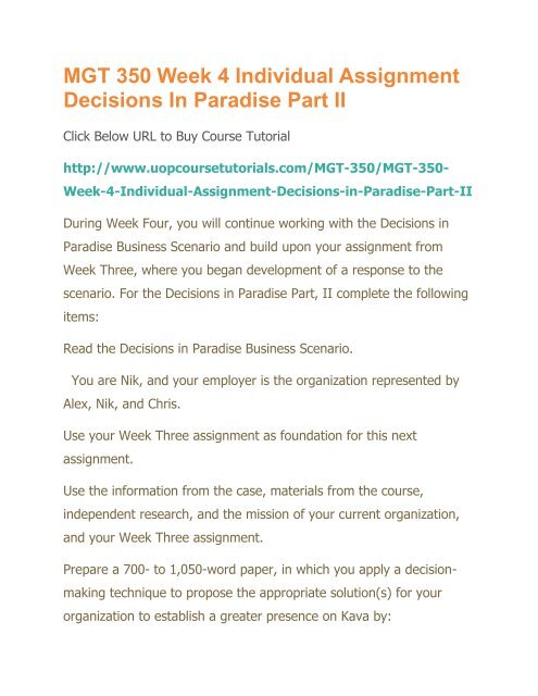 MGT 350 Week 4 Individual Assignment Decisions In Paradise Part II.pdf