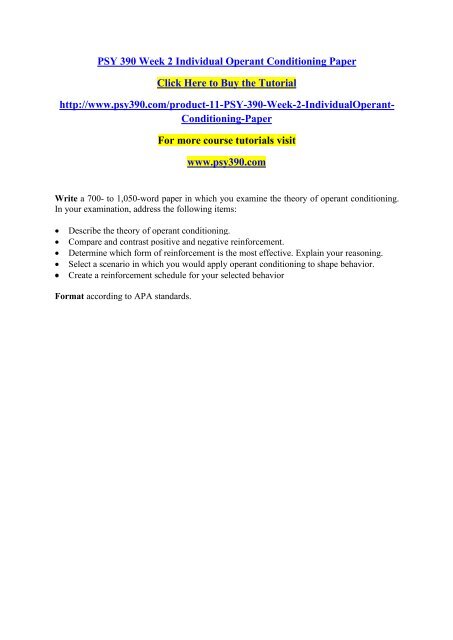 PSY 390 Week 2 Individual Operant Conditioning Paper